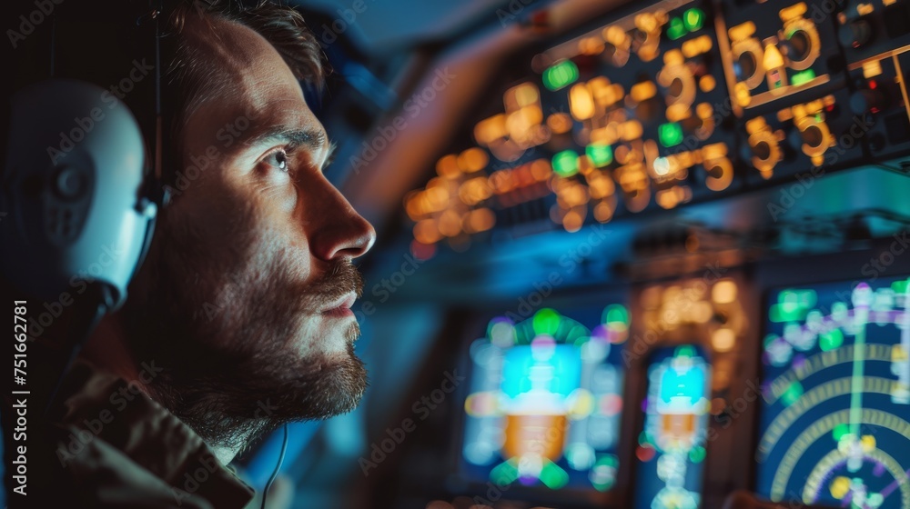 Airliner pilots are controlling the airplane towards the runway. Seen ...