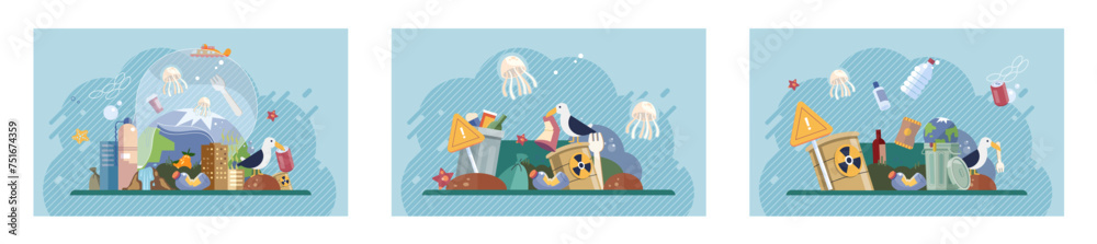 Waste pollution. Vector illustration. Ecologic balance is crucial for ...