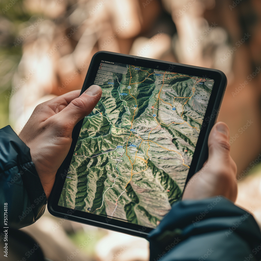 Explorer using a digital tablet to view an interactive map of Colorado ...