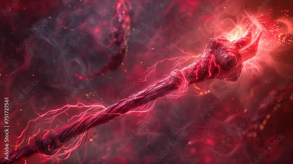 3D render of a magical staff wrapped in a weave of crimson thread ...