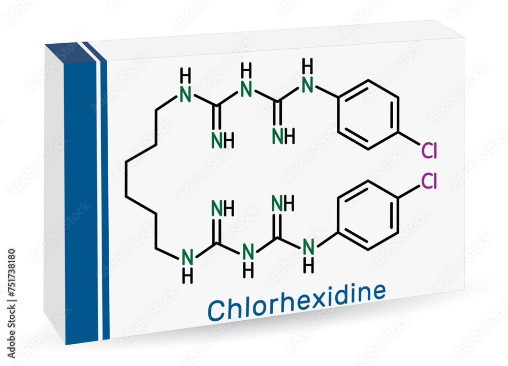 Chlorhexidine disinfectant and antiseptic drug molecule. Skeletal ...