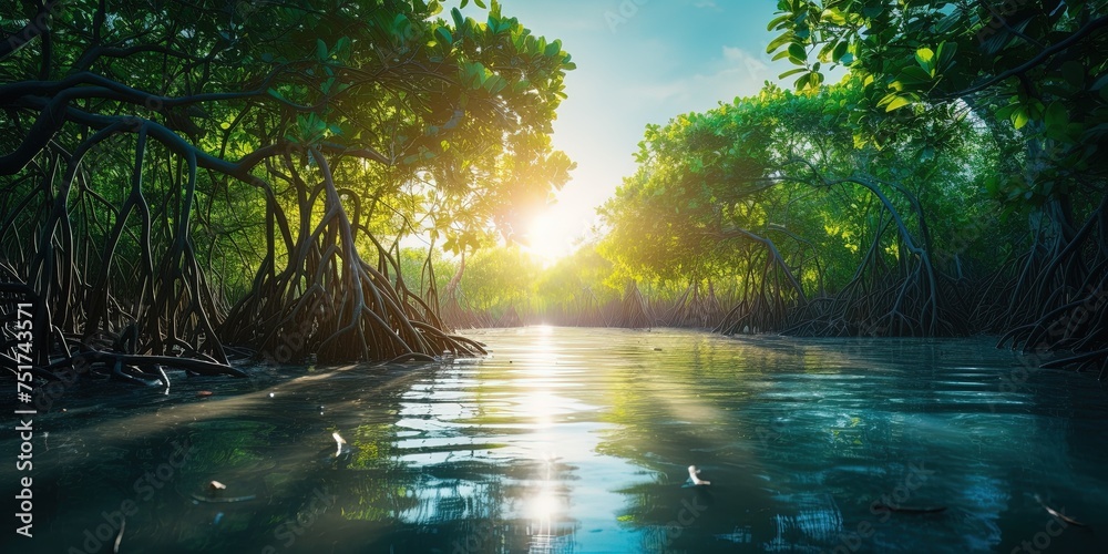Green mangrove forest with morning sunlight. Mangrove ecosystem ...