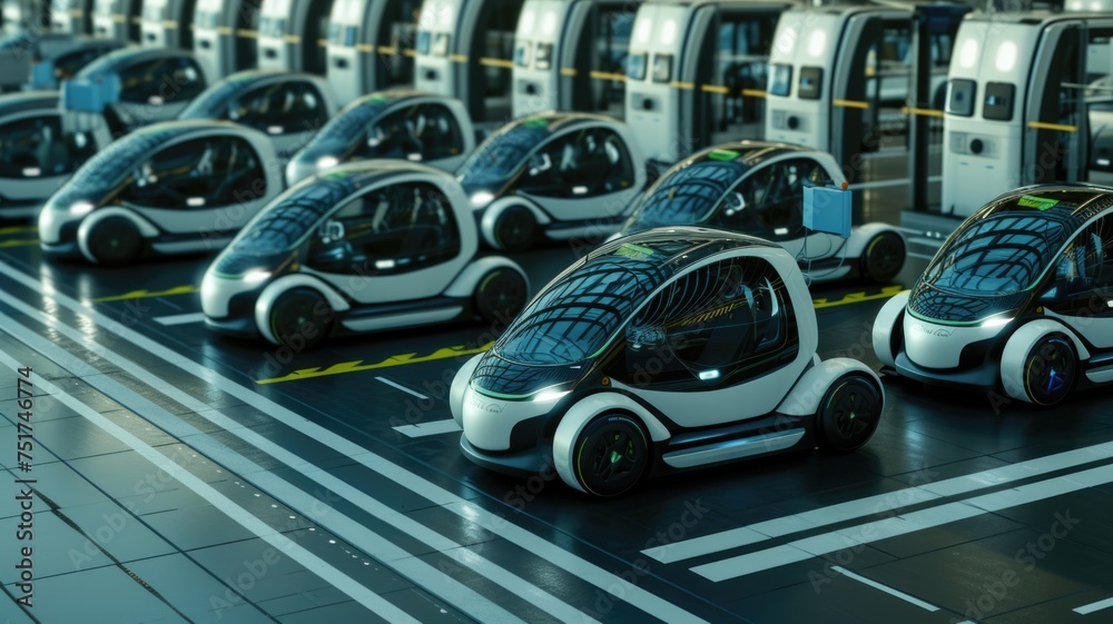 Sleek autonomous transportation pods line up in a bright, contemporary ...