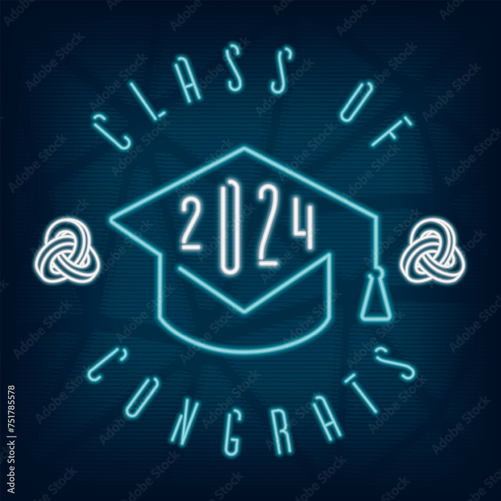 Class of 2024 Logo with Neon Sign Style Square Academic Graduation Cap ...