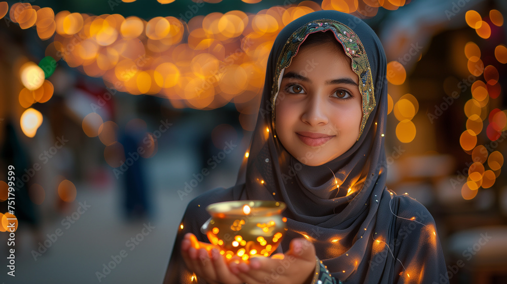 Pakistani teen girl wearing scarf and celebrating Ramadan moon night ...