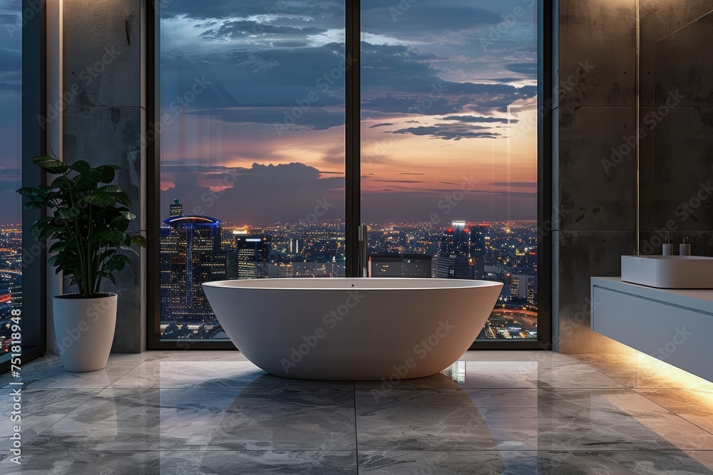 Relaxing and upscale bathroom interior featuring a standalone bathtub ...