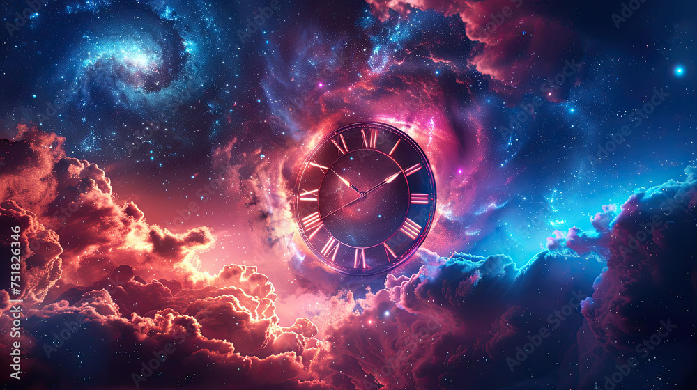clock and time in universe ,dark neon background showing universe is a ...