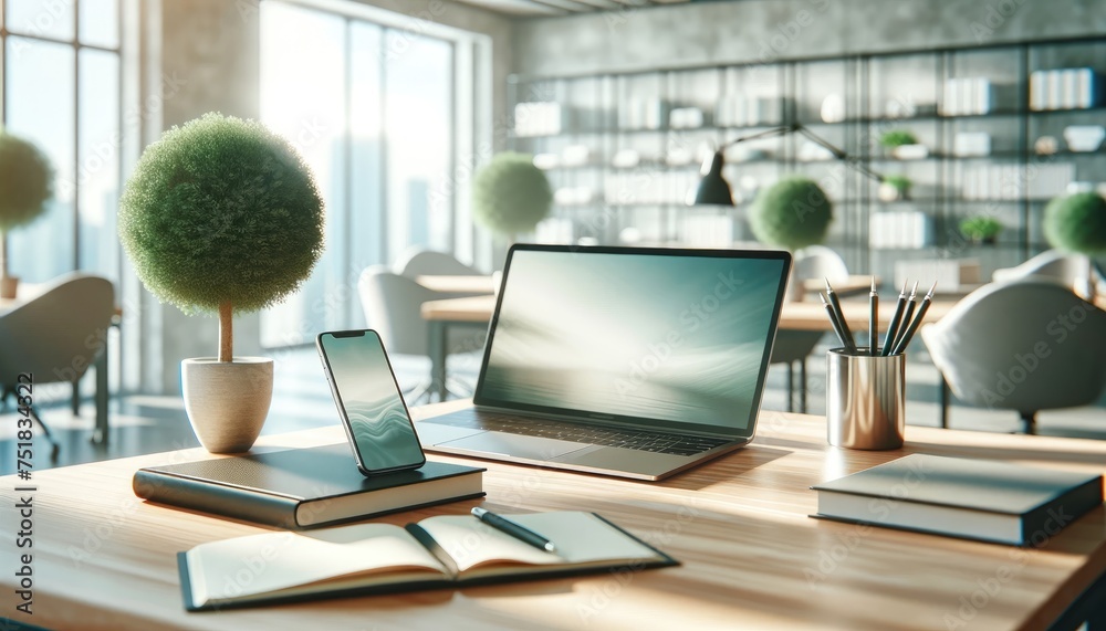 Elegant office workspace featuring a modern computer setup on a wooden ...