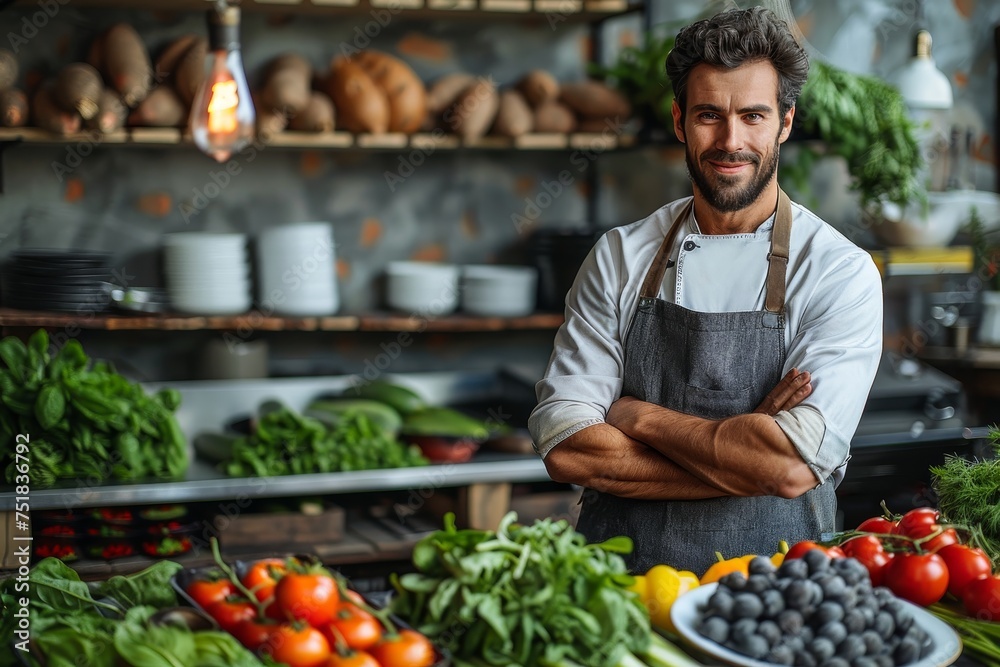 Professional male chef standing confidently in a well-stocked kitchen ...