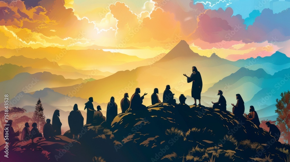 Silhouette of Jesus teaching the Beatitudes on the mount to the ...