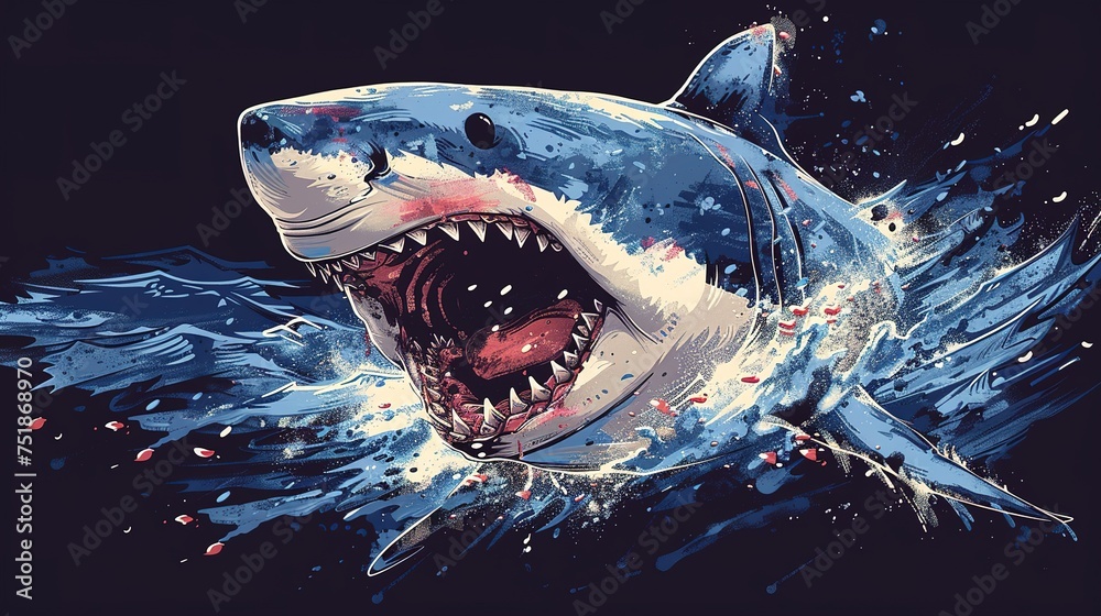 Ilustración de Stock Great white shark with open mouth. Watch out sharks. Shark attack. White ...