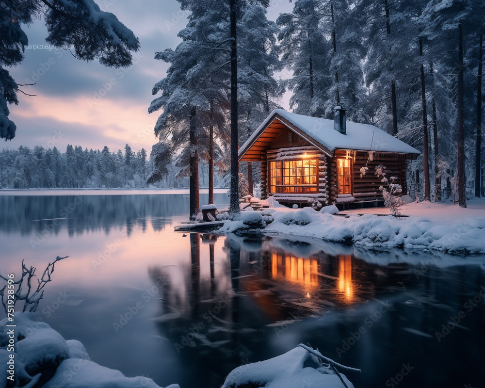Exterior view of a traditional Finnish sauna cabin by a frozen lake in ...