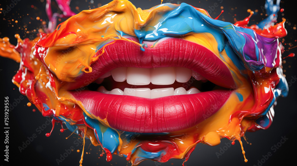 Rainbow Kiss Lips: Juicy female lips adorned in vibrant rainbow-colored ...
