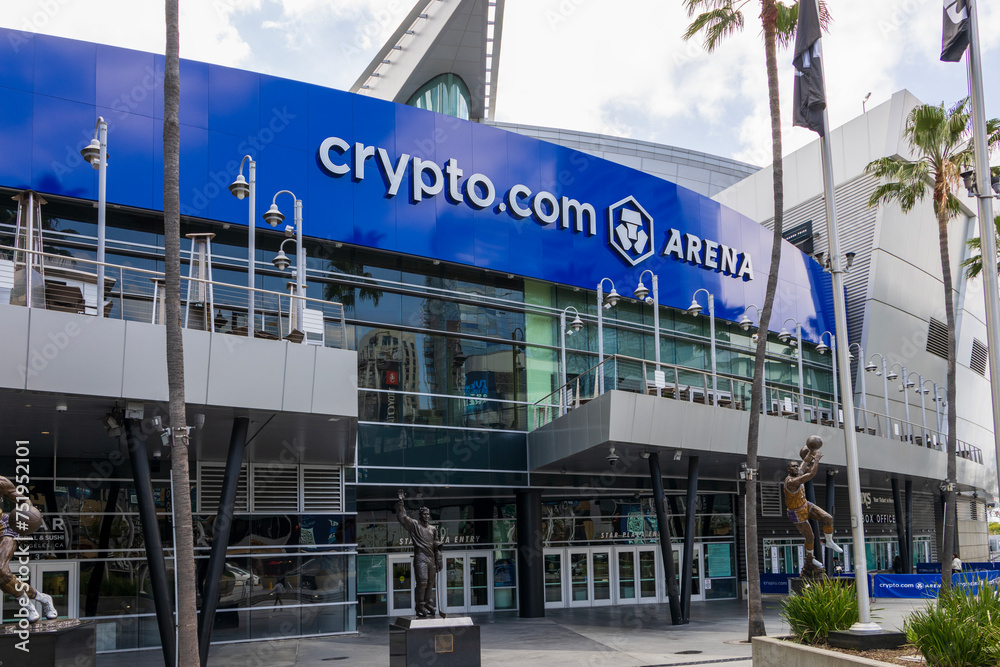 Crypto.com Arena with lush green trees, office buildings and ...