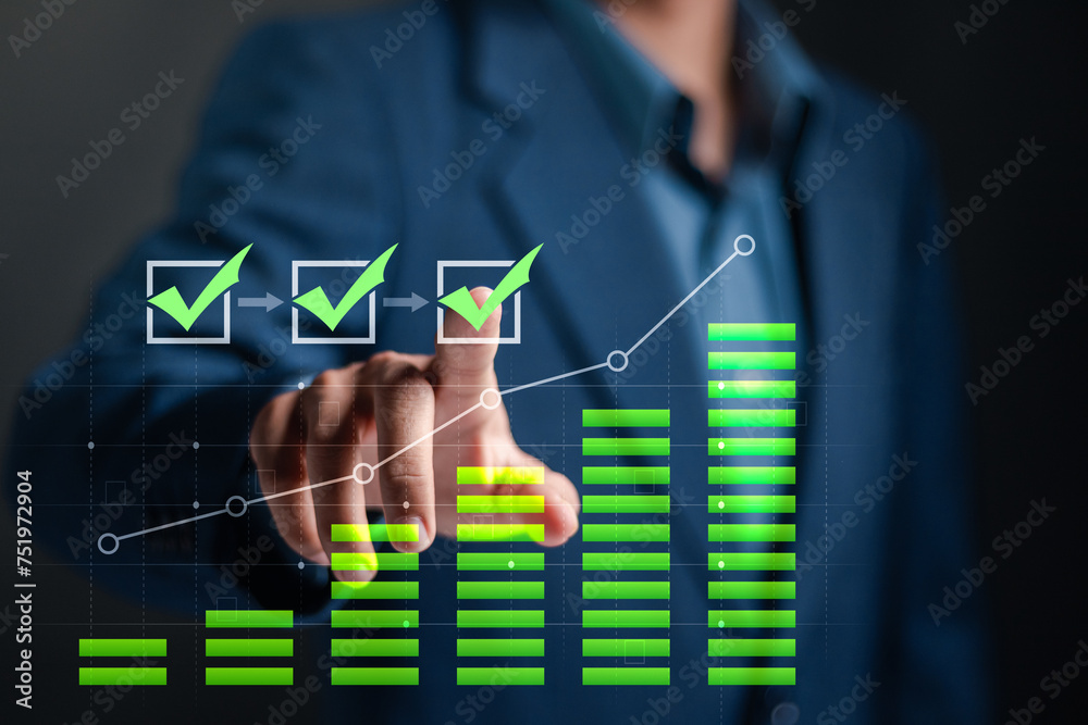 Project approval concept. Businessman analyzing business growth chart ...