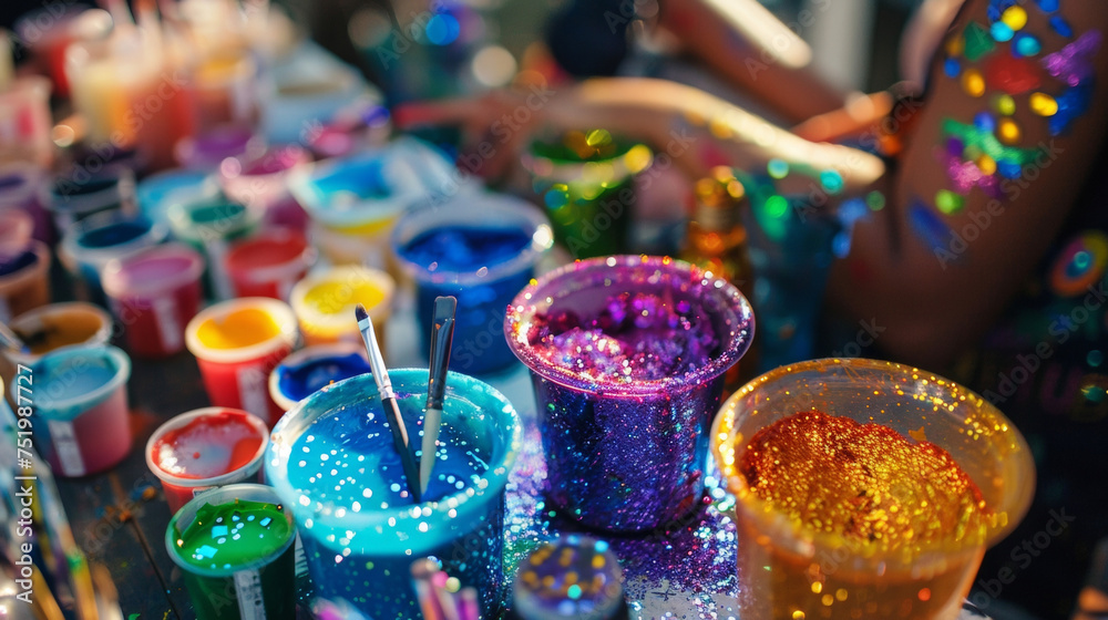 A table filled with various types of glitter and body paint an ...