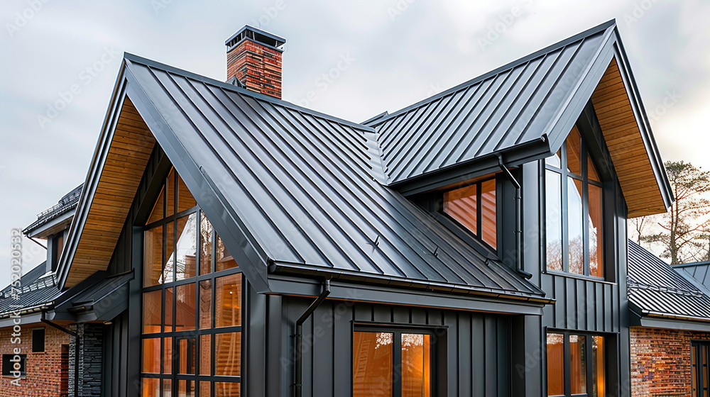 Black metal roof on roof, New house modern style. Stock Photo | Adobe Stock