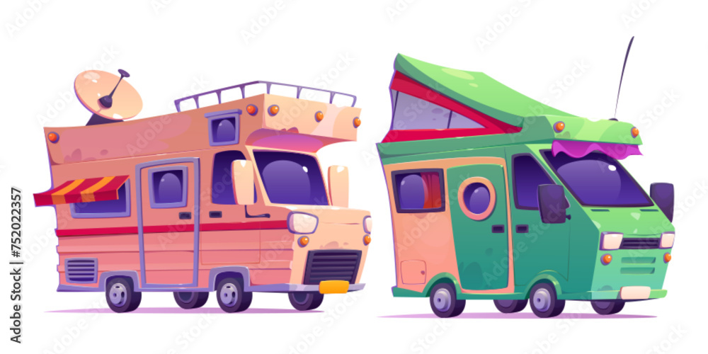 Family camper van with tent for travel concept. Cartoon vector ...