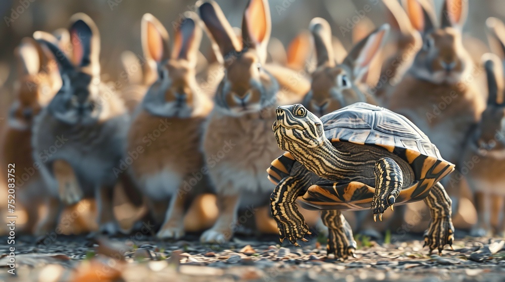 Front view of a turtle moving ahead of a pack of rabbits, conceptually ...