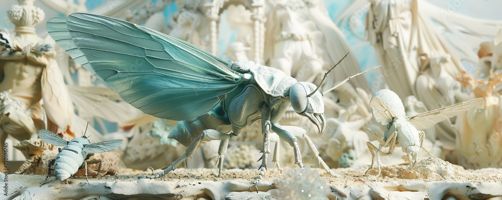 In a high definition neoclassical Tohoku setting 3D printed insects and ...