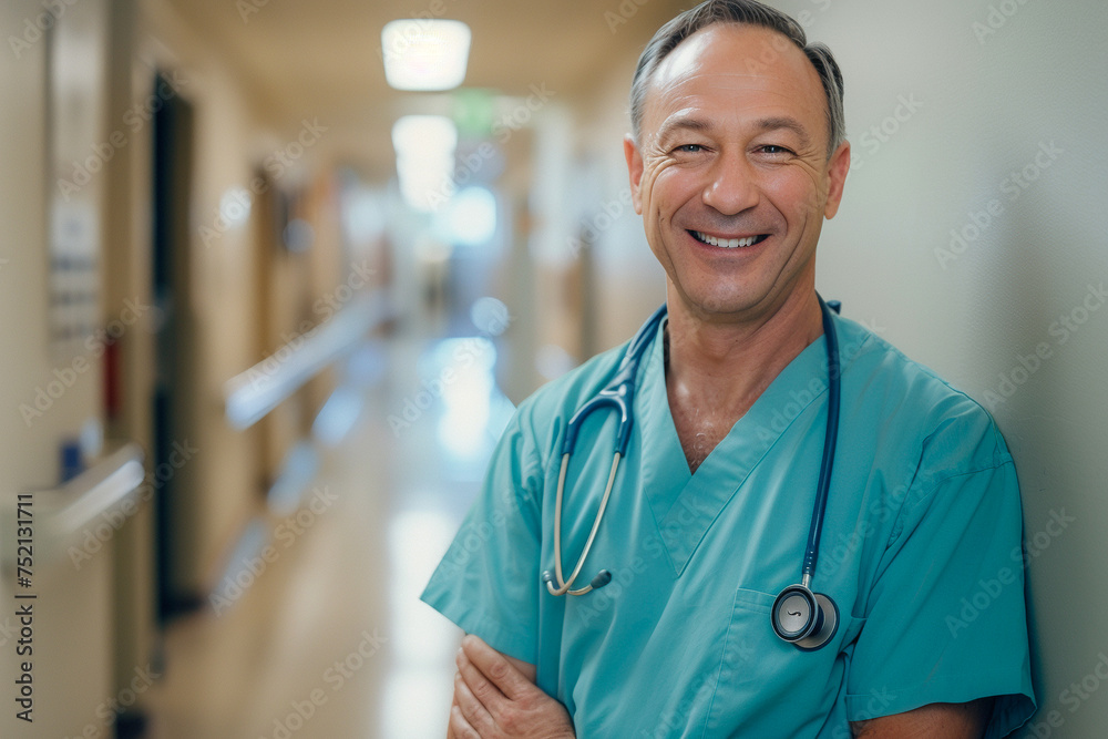 High resolution portrait of a compassionate doctor in scrubs ...