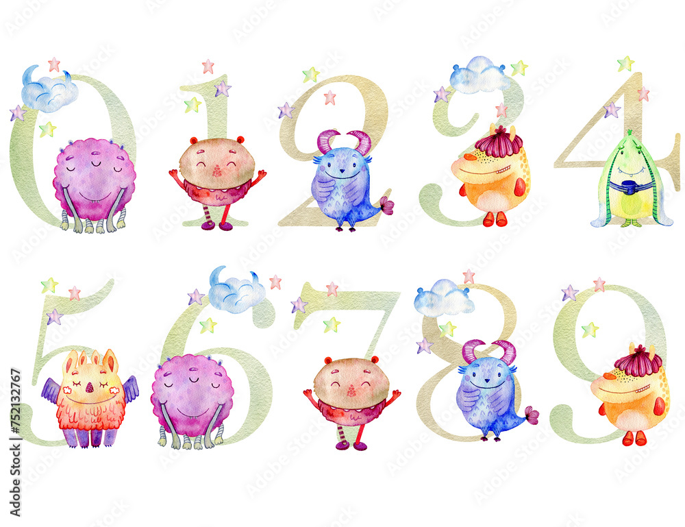 Watercolor numbers with monsters for invitation card, nursery poster ...