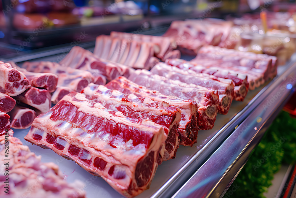 Slabs of raw pork ribs arranged in refrigerated butchery shop display ...