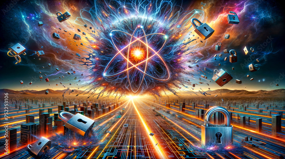 Quantum computer breaking encryption, with locks shattering ...