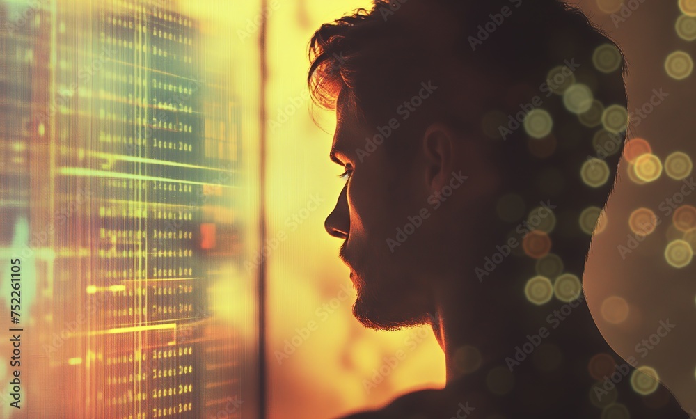 a man looking on bigdata on screen finding the trace of something, data ...