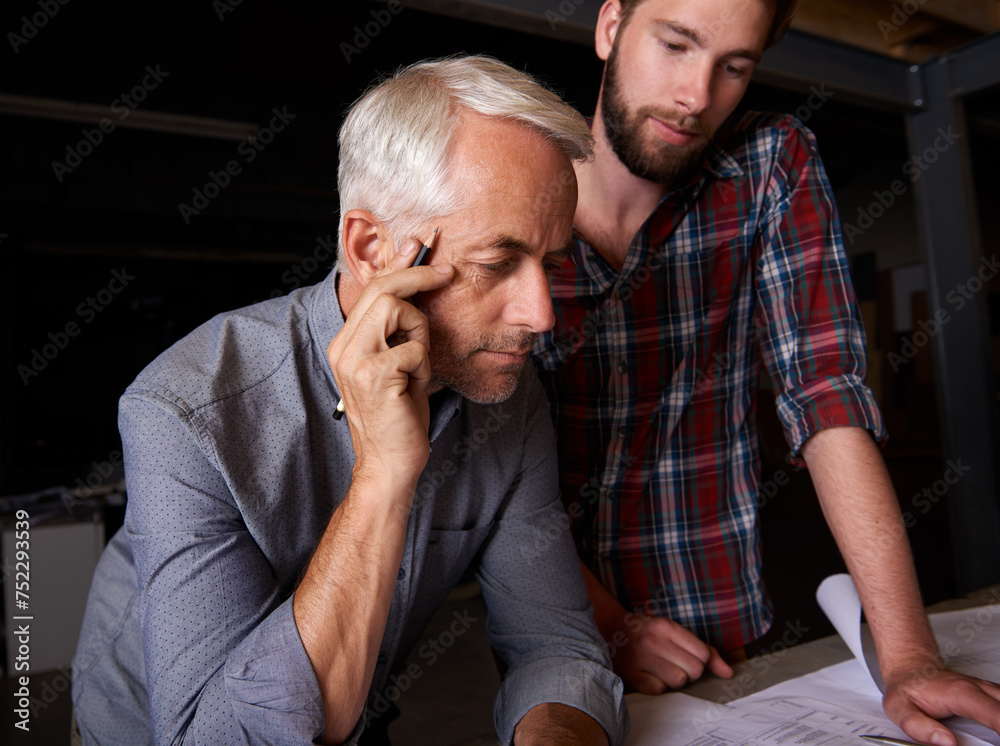 Architect, team and men with blueprint, thinking or plan for ...