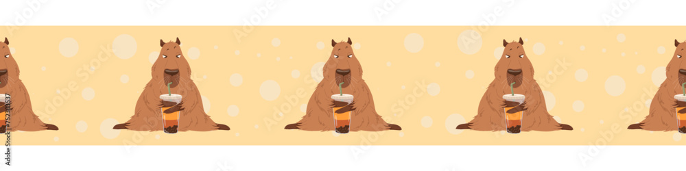 Vector masking tapes with capybaras and bubble tea. Seamless border ...