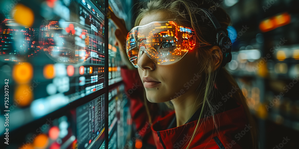 A woman interacts with a futuristic augmented reality interface using ...