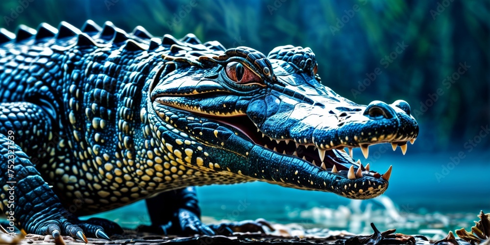 An alligator with its mouth open and sharp teeth visible, standing on a ...