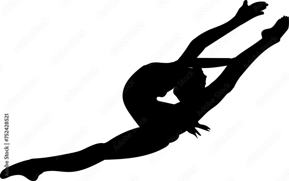 A vector illustration depicts a black silhouette of a gymnast performing a split jump against a ...