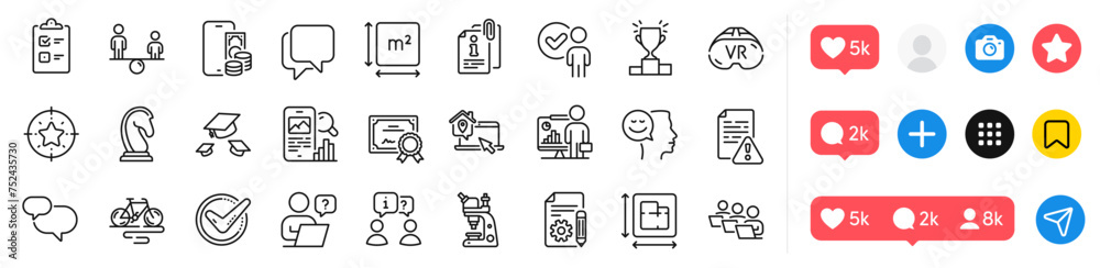 Checklist, Certificate and Teacher line icons pack. Social media icons ...