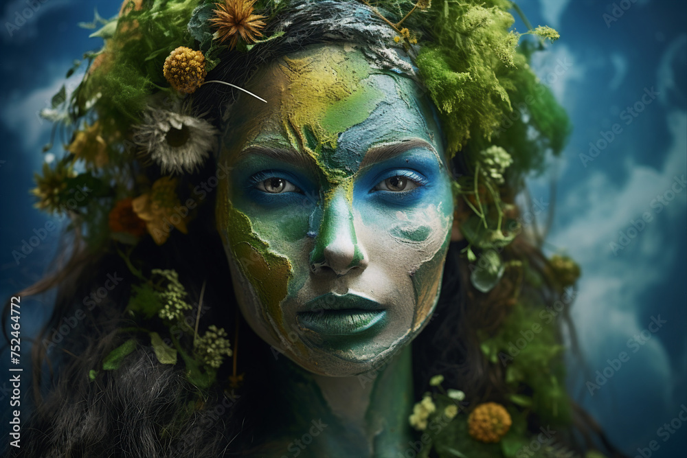 Generated AI picture of woman with face painted world map continents ...