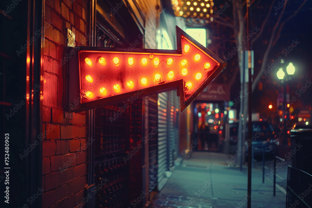 Vintage Neon Arrow Marquee Sign Illuminating Theater Entrance ...