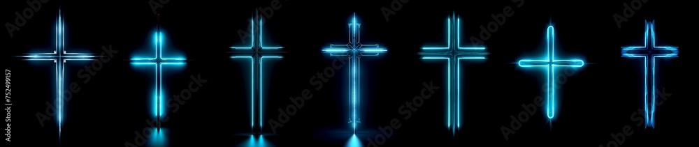 Blue neon glowing cross set. Symbol of the crucifixion of Jesus Christ ...