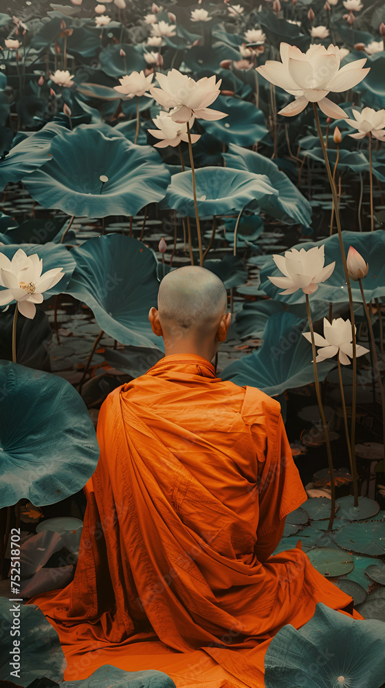back view of Buddhist monk in orange kasaya among large green leaves ...