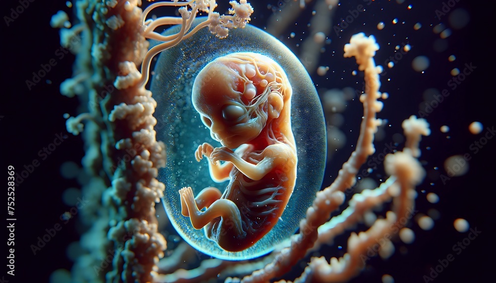 Little human baby inside mother womb. Small embryo in uterus. 3d ...