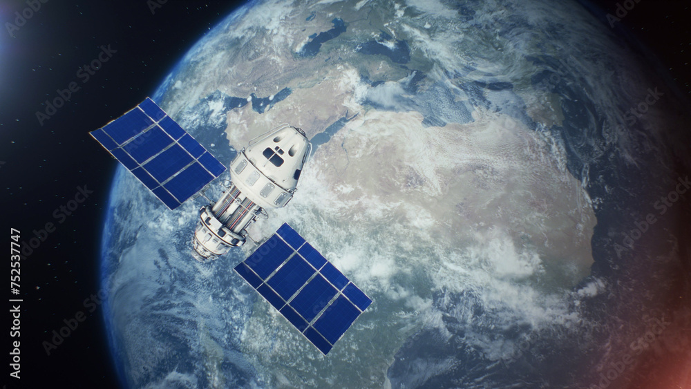 3D VFX rendering of the space-based satellite attacking object with ...