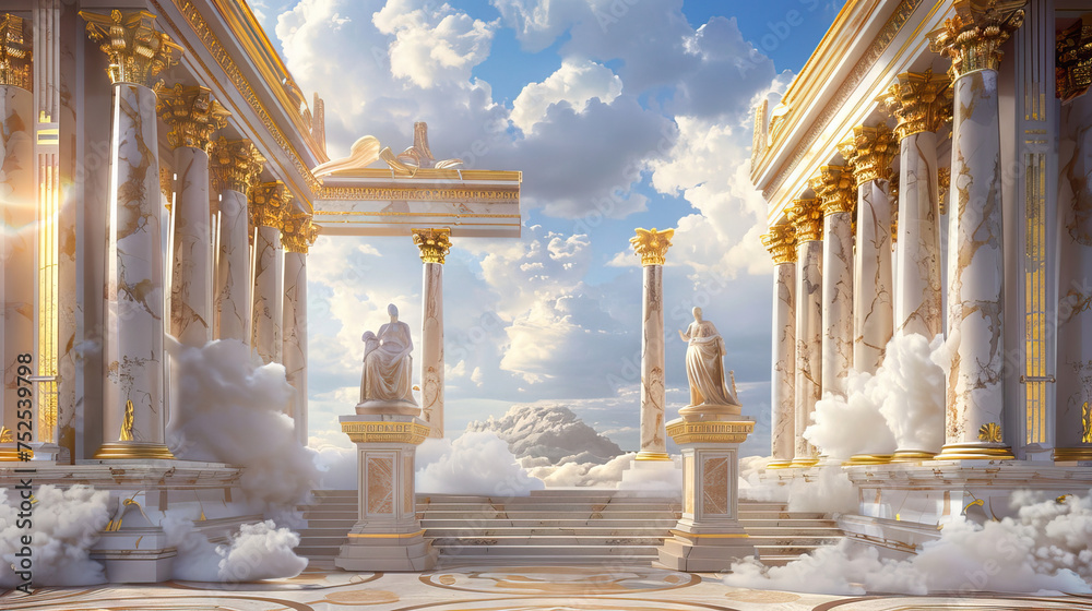 Greek Mythology Olympus Stage: Marble columns and statues of gods and ...