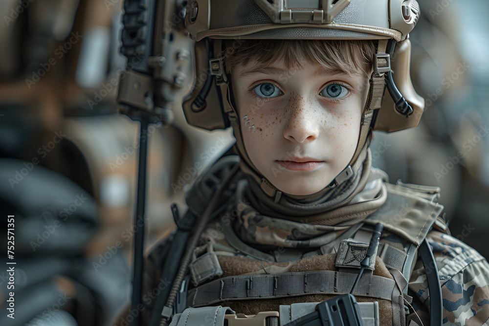 boy, 10 years old, wearing a special forces uniform, in a tactical ...