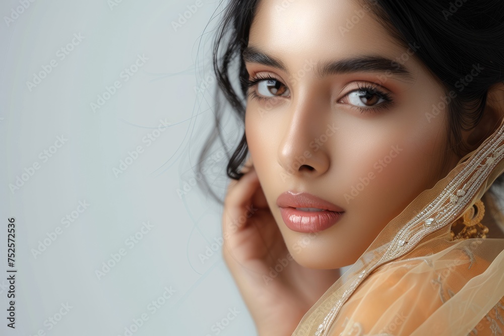 Ideal closeup portrait of a beautiful brunette Indian girl with ...