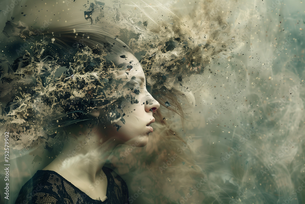 Surreal portrait of a woman disintegrating into particles, symbolizing ...