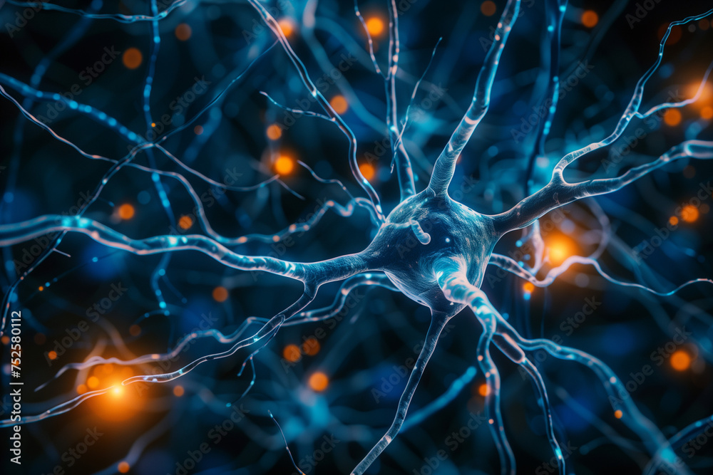 neurons under strong magnification, neural network live impulses transmitted through nerves ...