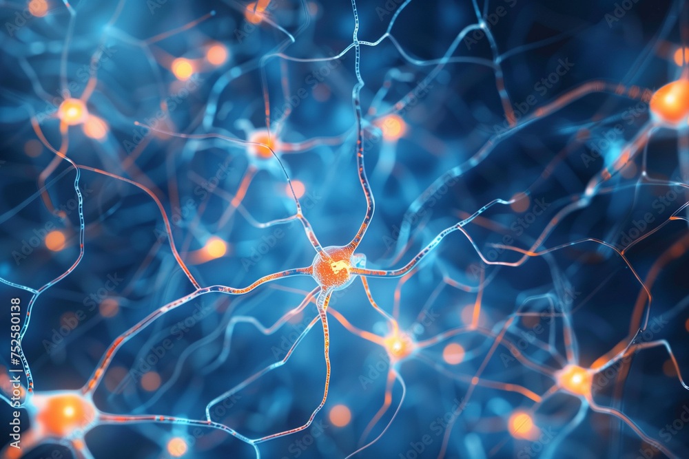 neurons under strong magnification, neural network live impulses ...