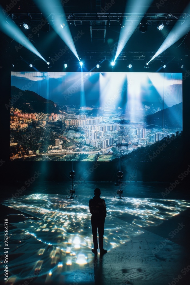 persona aislada de pie delante de una pantalla gigante, mujer aislada ...