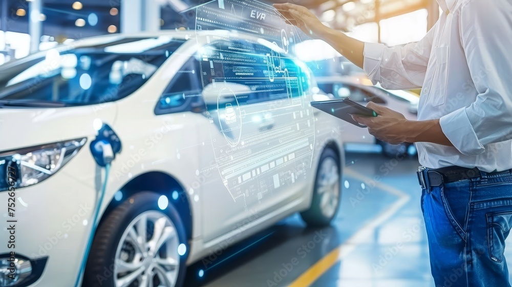 Automotive engineer designs smart ev car using ai system on hologram ...