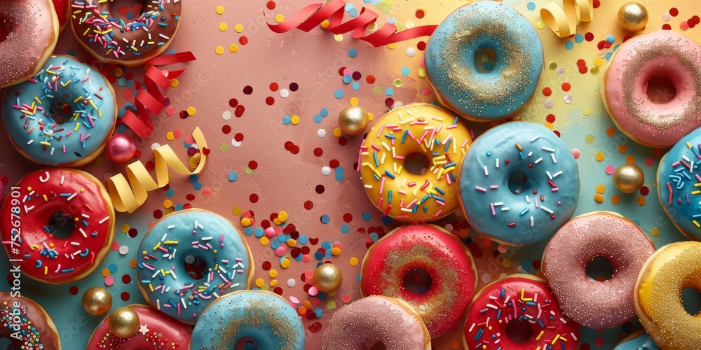 Overhead shot of colorful donuts with different icings scattered among ...